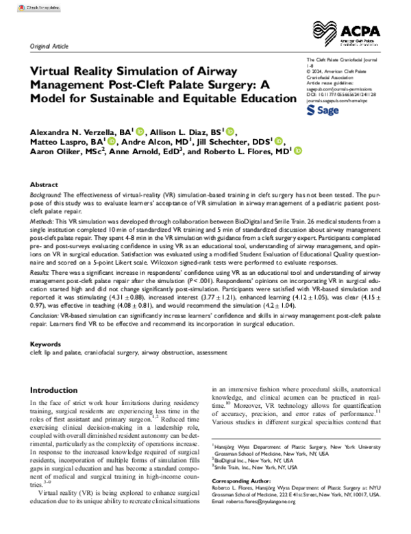 (PDF) Virtual Reality Simulation of Airway Management Post-Cleft Palate ...