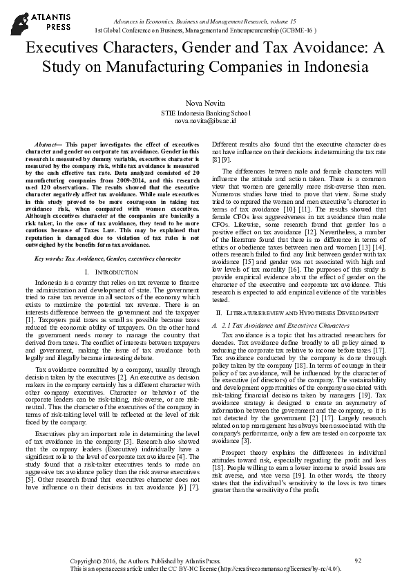 (PDF) Executives Characters, Gender and Tax Avoidance: A Study on ...