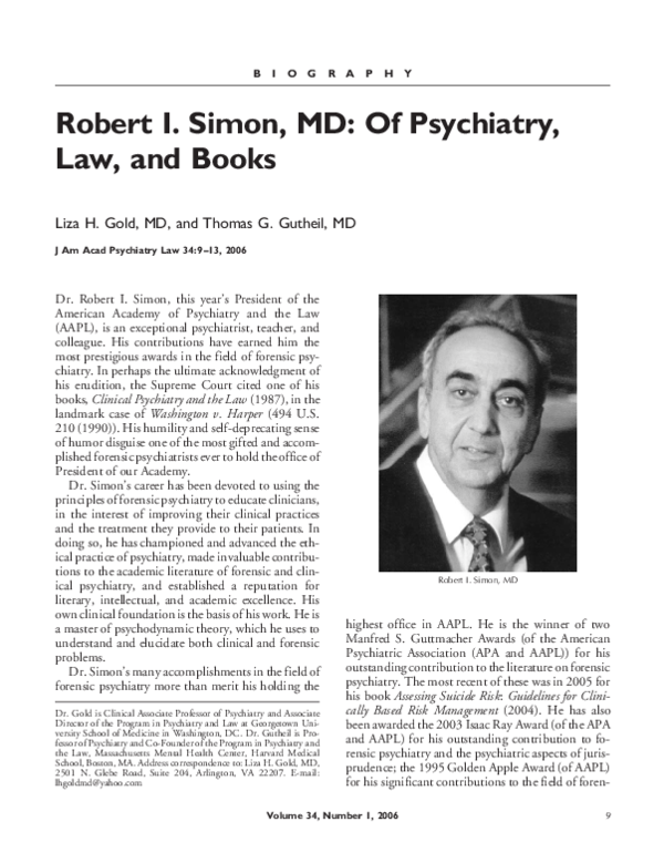 (PDF) Robert I. Simon, MD: Of psychiatry, law, and books