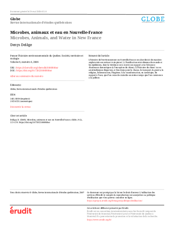 (PDF) Microbes, animaux et eau en Nouvelle-France | Denys Delâge ...
