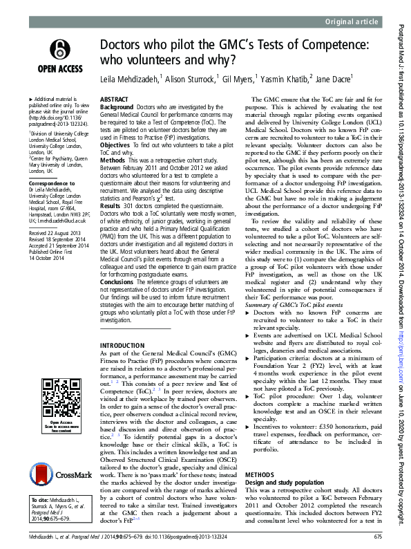 (PDF) Doctors who pilot the GMC's Tests of Competence: who volunteers ...
