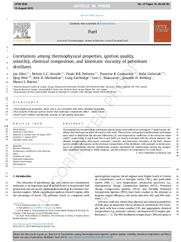 (PDF) Correlations among thermophysical properties, ignition quality ...