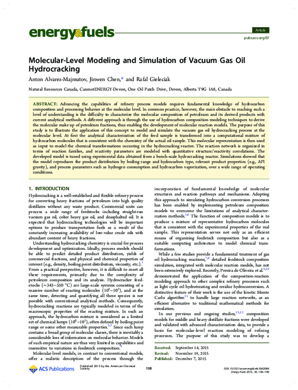 (PDF) Molecular-Level Modeling and Simulation of Vacuum Gas Oil Hydrocracking