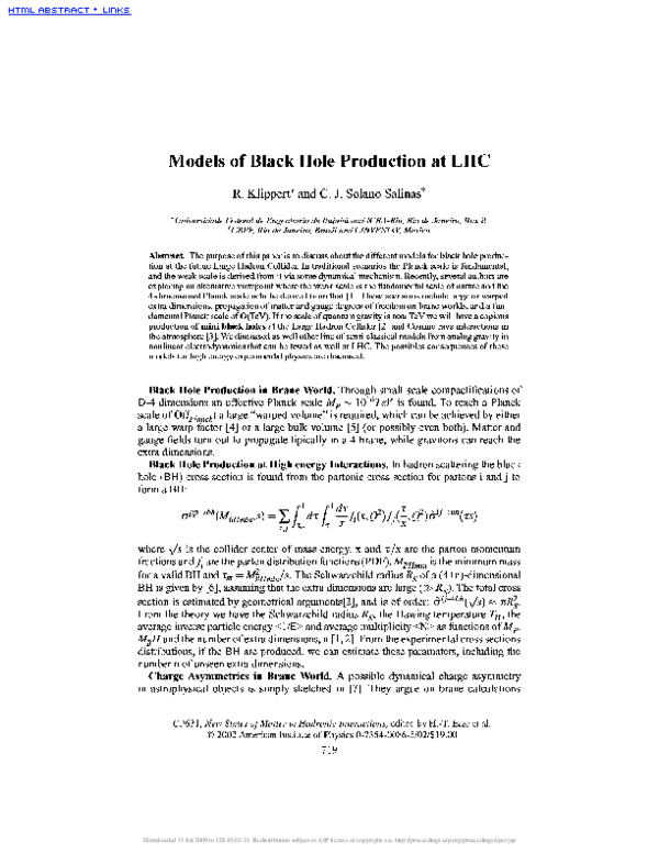 (PDF) Models of Black Hole Production at LHC