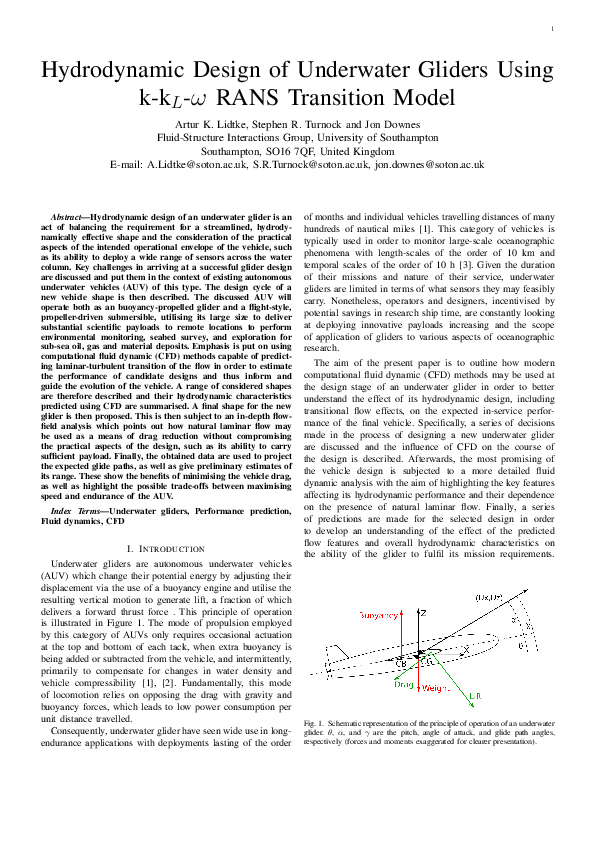 (PDF) Hydrodynamic Design of Underwater Gliders Using k-k $_L$ - $\omega$ Reynolds Averaged ...
