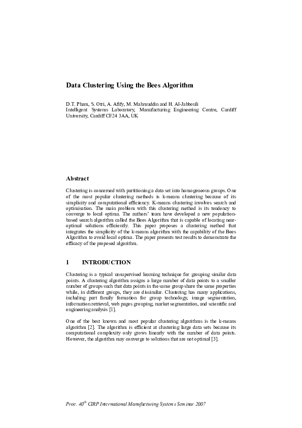 Pdf Data Clustering Using The Bees Algorithm