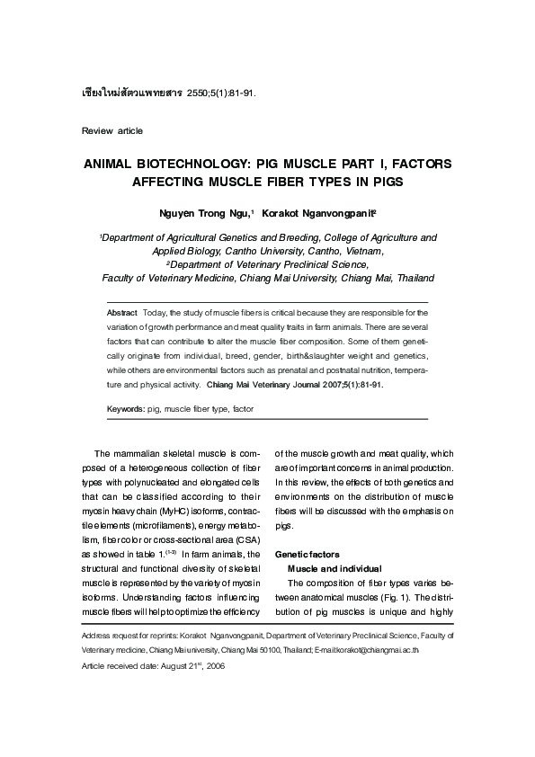 (PDF) Animal Biotechnology: Pig Muscle Part I, Factors Affecting Muscle ...