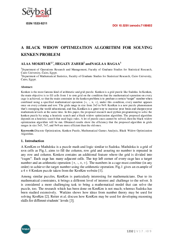 (PDF) A Black Widow Optimization Algorithm for Solving Kenken Problem | Hegazy Zaher - Academia.edu