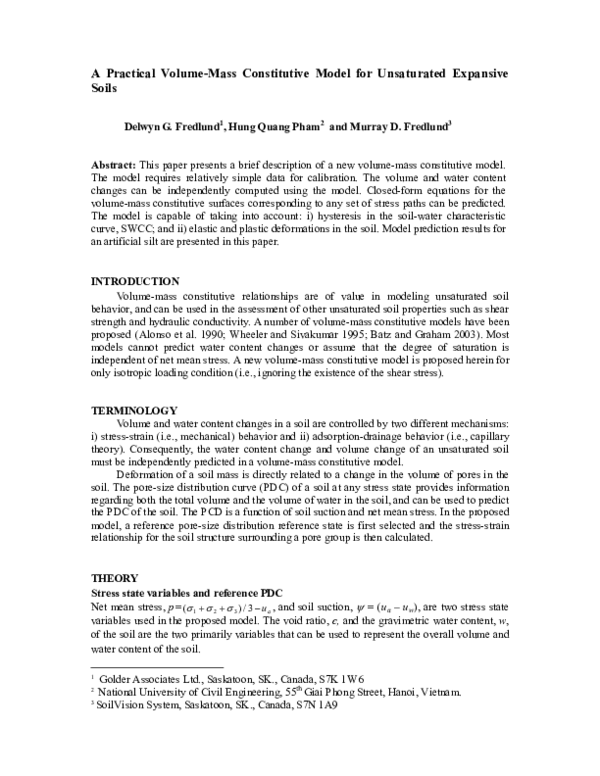 (PDF) A Practical Volume-Mass Constitutive Model for Unsaturated Expansive Soils