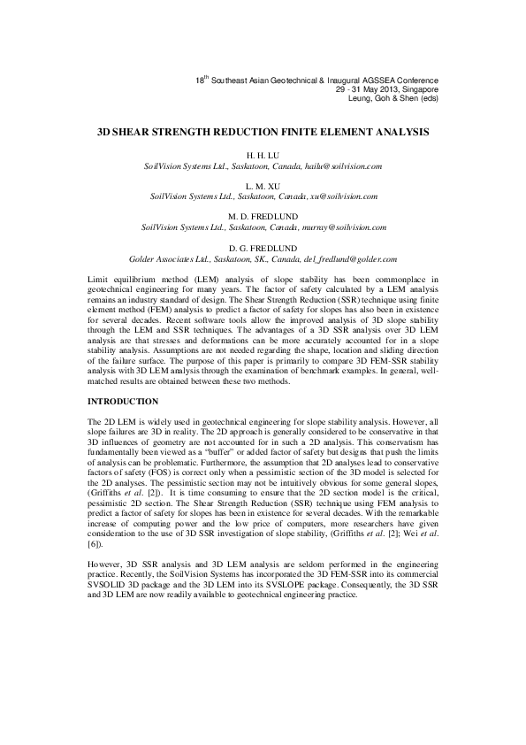 (PDF) 3D Shear Strength Reduction Finite Element Analysis