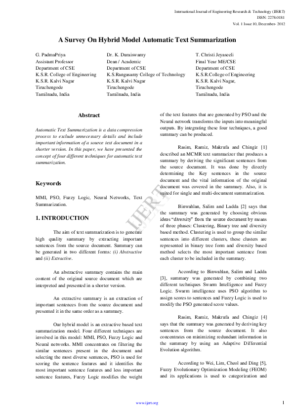 (PDF) A Survey On Hybrid Model Automatic Text Summarization
