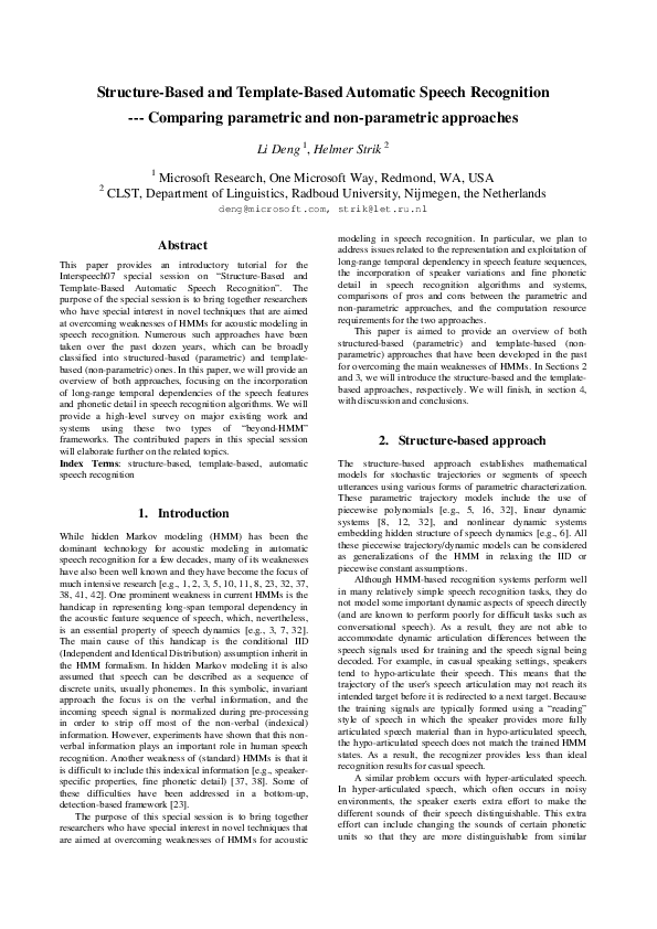 (PDF) Structure-based and template-based automatic speech recognition - comparing parametric and ...