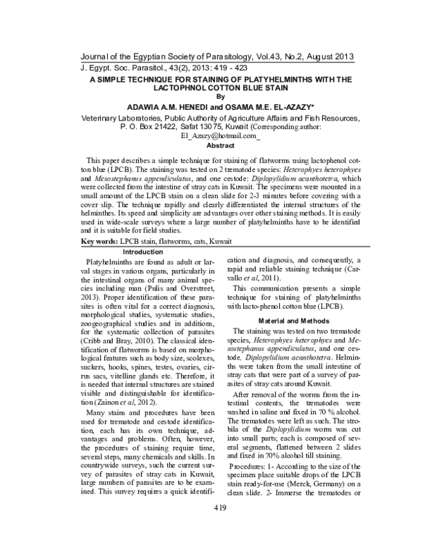 (PDF) A Simple Technique for Staining of Platyhelminths with the ...