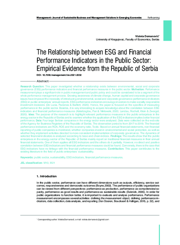 (PDF) The Relationship between ESG and Financial Performance Indicators in the Public Sector ...