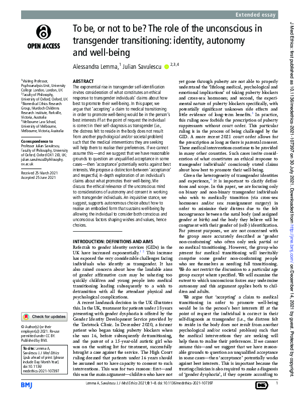 (PDF) To be, or not to be? The role of the unconscious in transgender ...