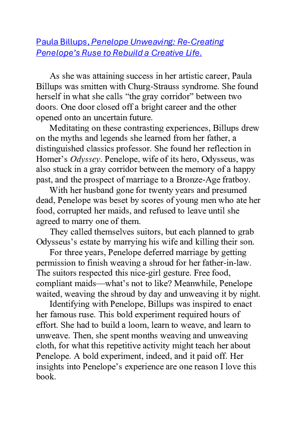 (PDF) Review: Paula Billups, Penelope Unweaving: Re-creating Penelope's Ruse to Rebuild a ...