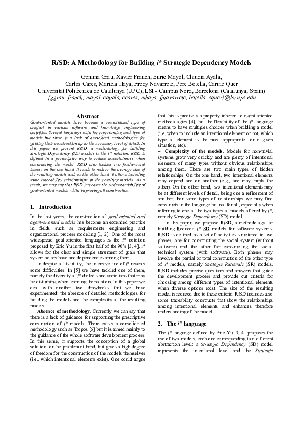 (PDF) RiSD: A Methodology for Building i* Strategic Dependency Models
