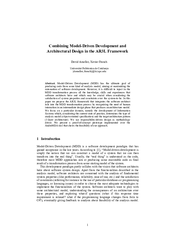 (PDF) Combining Model-Driven Development and Architectural Design in the AR3L Framework