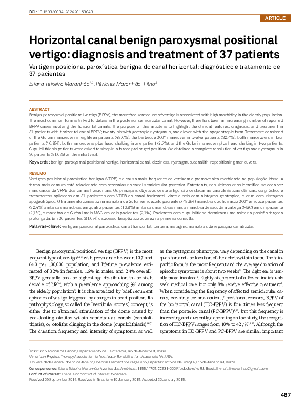 (PDF) Horizontal canal benign paroxysmal positional vertigo: diagnosis ...