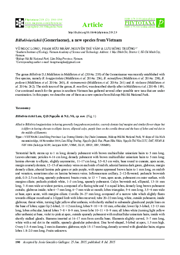 (PDF) Billolivia tichii (Gesneriaceae), a new species from Vietnam