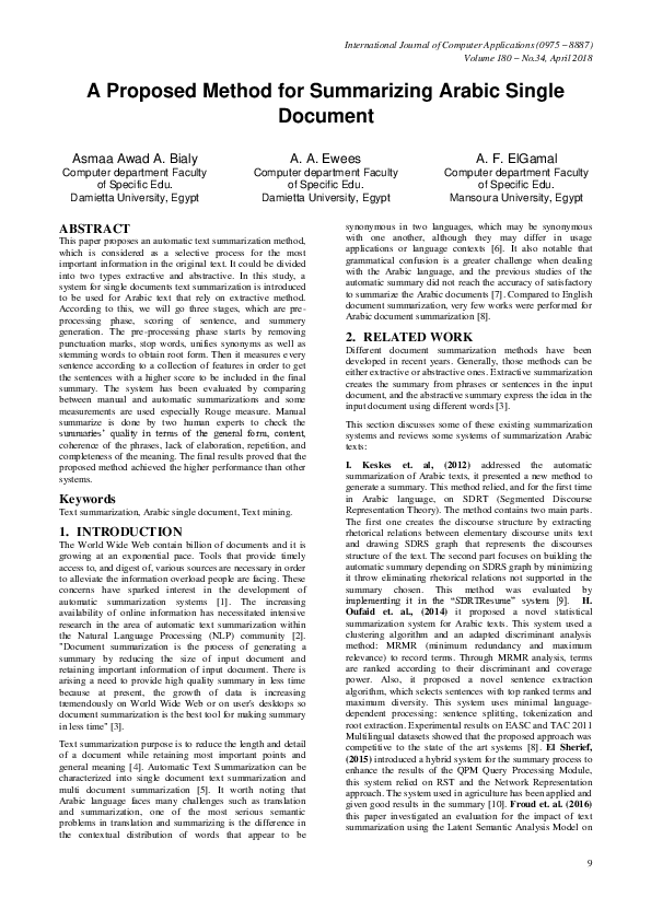 (PDF) A Proposed Method for Summarizing Arabic Single Document | Asmaa ...