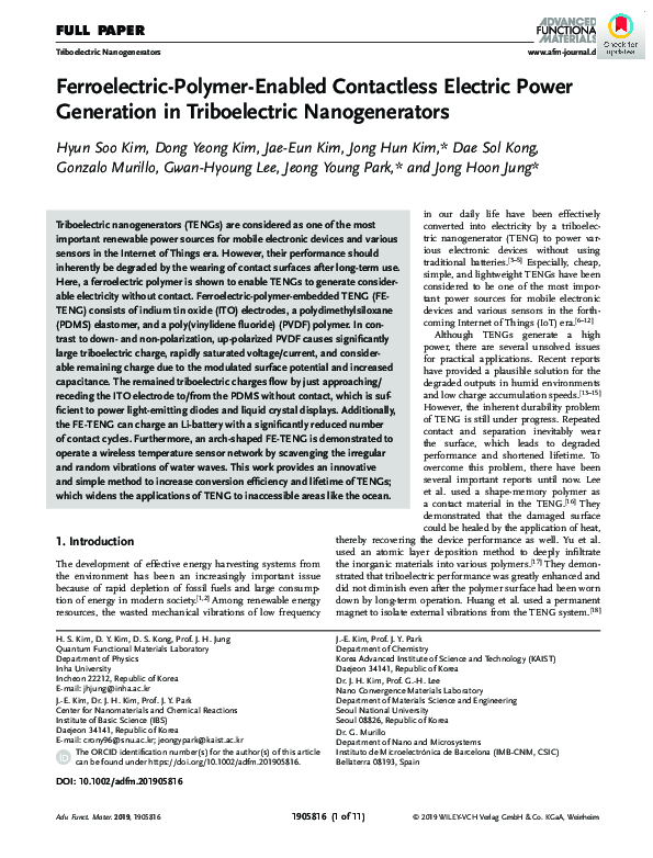 (PDF) Ferroelectric‐Polymer‐Enabled Contactless Electric Power Generation in Triboelectric ...