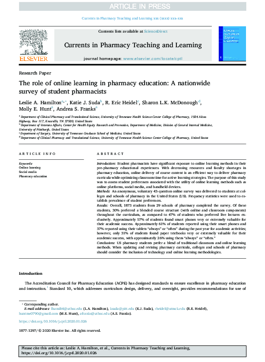 (PDF) The role of online learning in pharmacy education: A nationwide ...