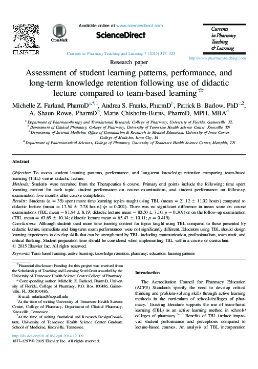 (PDF) Assessment of student learning patterns, performance, and long-term knowledge retention ...