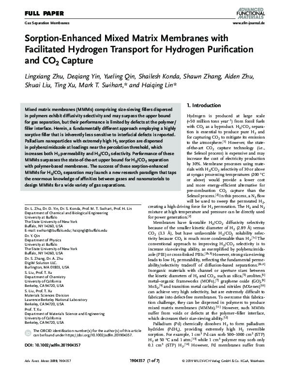 (PDF) Sorption‐Enhanced Mixed Matrix Membranes with Facilitated ...
