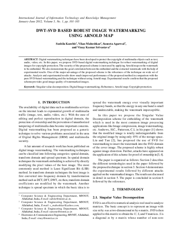 (PDF) DWT-SVD Based Robust Image Watermarking Using Arnold Map | Suneeta Agarwal - Academia.edu