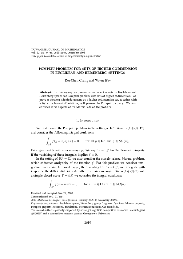 (PDF) Pompeiu Problem for Sets of Higher Codimension in Euclidean and ...