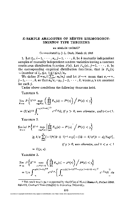 Pdf K Sample Analogues Of Rényis Kolmogorov Smirnov Type Theorems
