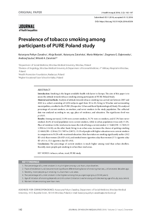 (PDF) Prevalence of tobacco smoking among participants of PURE Poland study