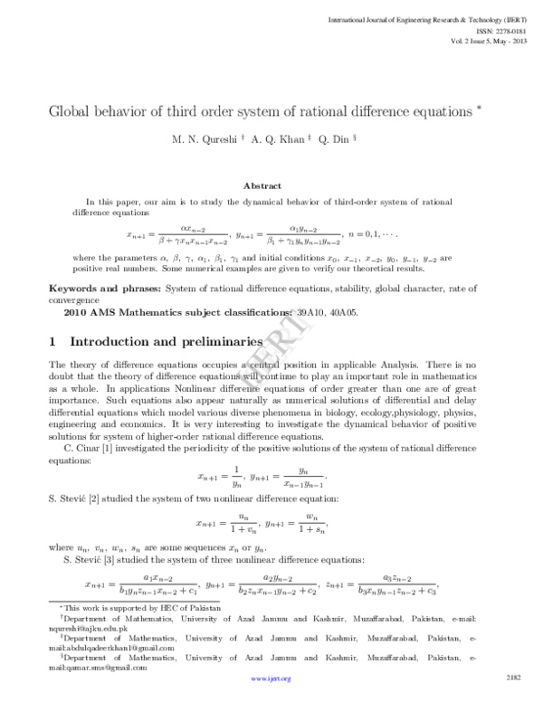 (PDF) Global behavior of third order system of rational difference ...