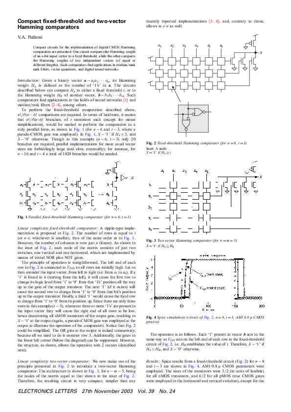 (PDF) Compact fixed-threshold and two-vector Hamming comparators