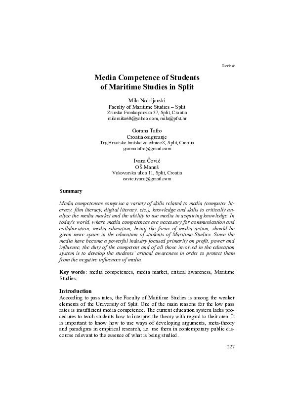 (PDF) Media Competence of Students of Maritime Studies in Split