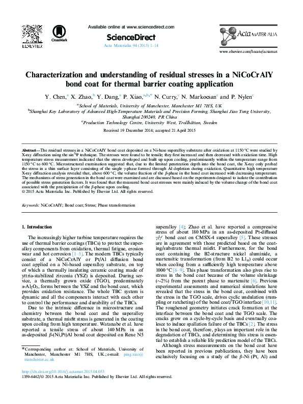 (PDF) Characterization and understanding of residual stresses in a NiCoCrAlY bond coat for ...