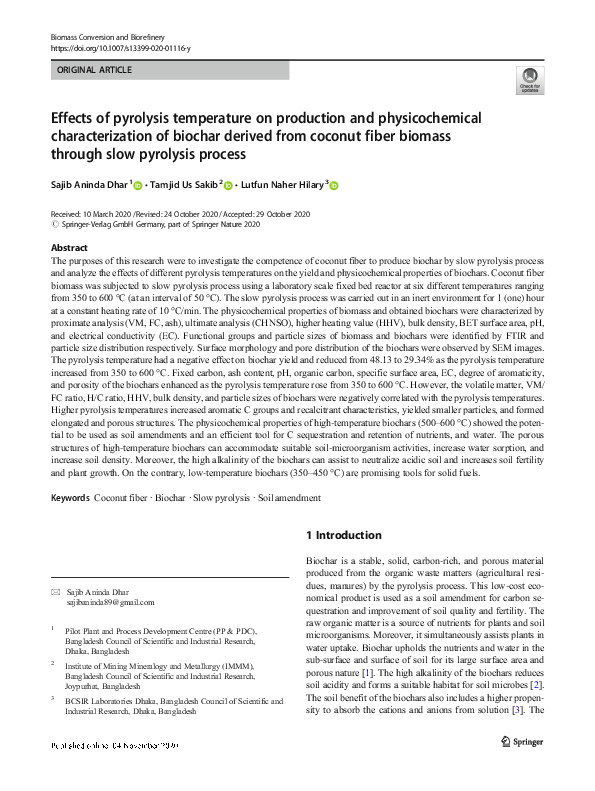 (PDF) Effects of pyrolysis temperature on production and physicochemical characterization of ...