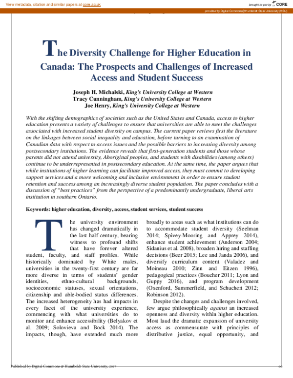 (PDF) The Diversity Challenge for Higher Education in Canada: The ...
