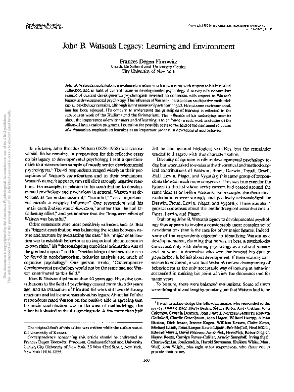 (PDF) John B. Watson's legacy: Learning and environment