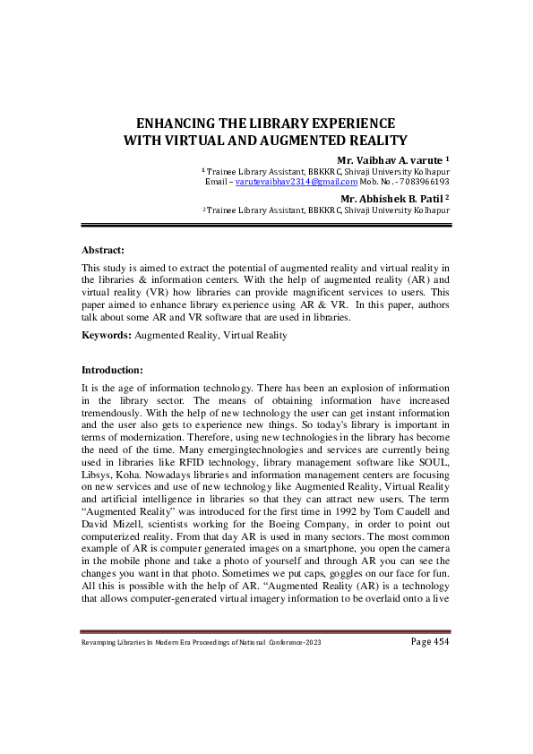 (PDF) ENHANCING THE LIBRARY EXPERIENCE WITH VIRTUAL AND AUGMENTED REALITY