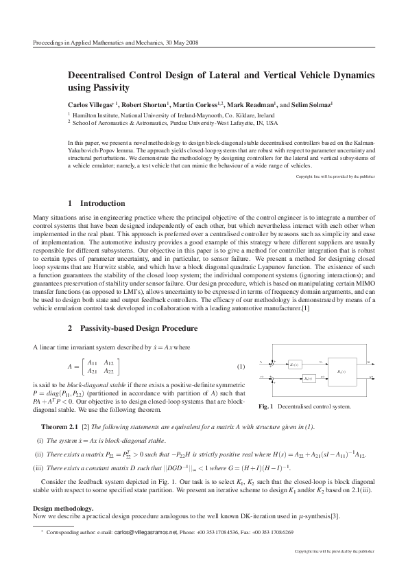 (PDF) Decentralised Control Design of Lateral and Vertical Vehicle Dynamics using Passivity