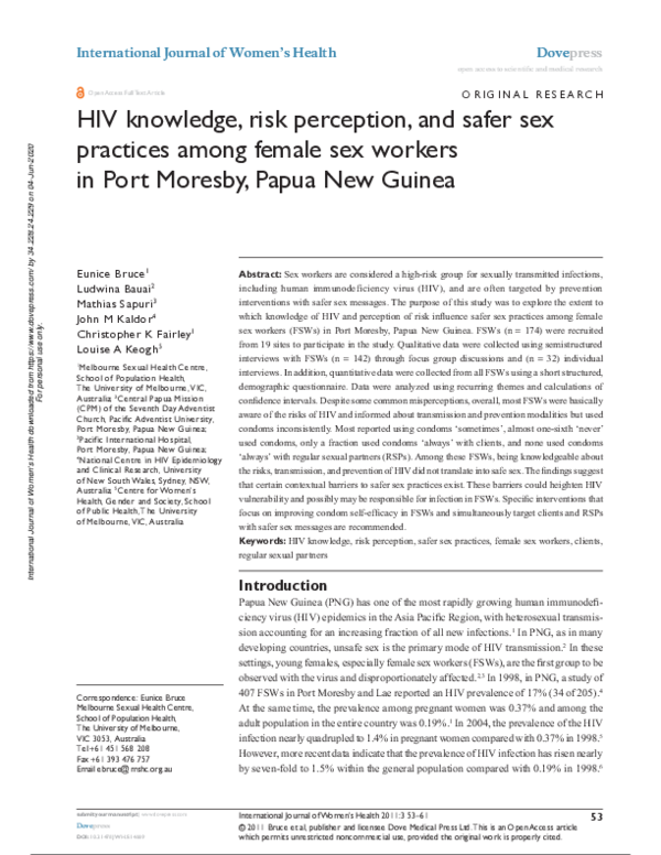 Pdf Hiv Knowledge Risk Perception And Safer Sex Practices Among Female Sex Workers In Port