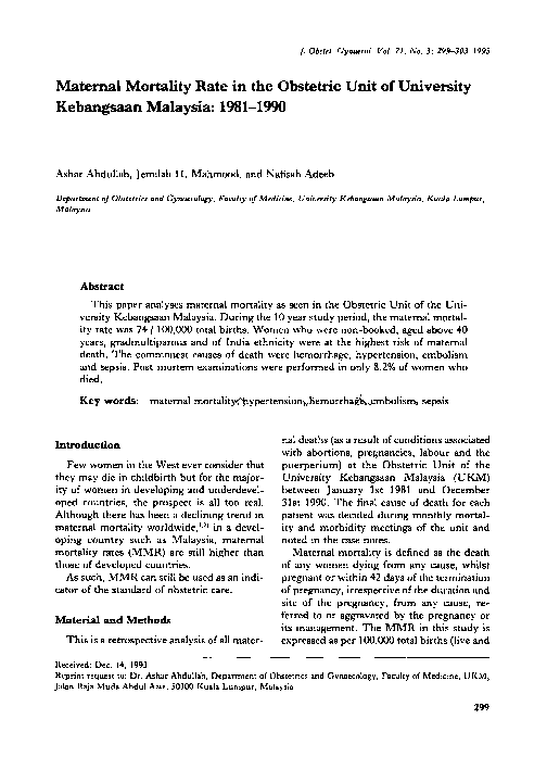 (PDF) Maternal Mortality Rate in the Obstetric Unit of University Kebangsaan Malaysia: 1981–1990
