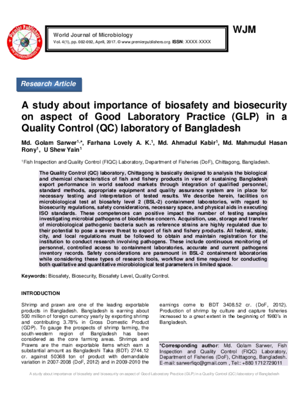 (PDF) A study about importance of biosafety and biosecurity on aspect of Good Laboratory ...