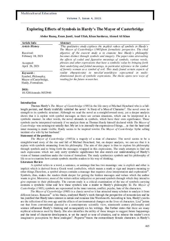 (PDF) Exploring Effects of Symbols in Hardy's The Mayor of Casterbridge