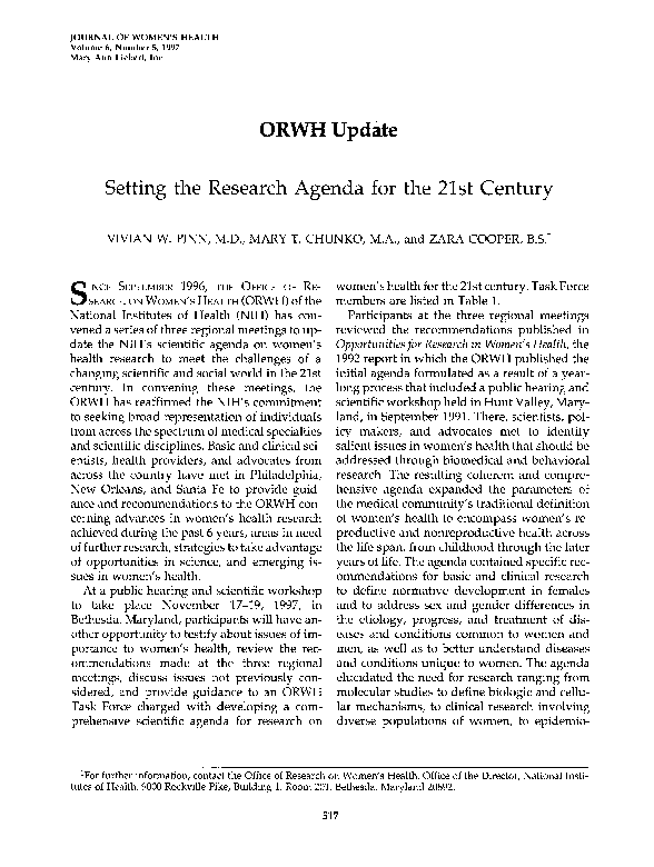 (PDF) ORWH Update Setting the Research Agenda for the 21st Century