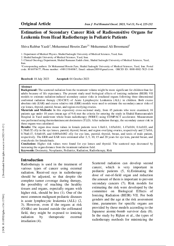 (PDF) Estimation of Secondary Cancer Risk of Radiosensitive Organs for ...
