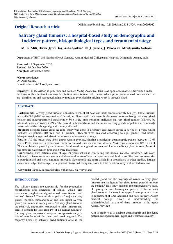(PDF) Salivary gland tumours: a hospital-based study on demographic and incidence pattern ...