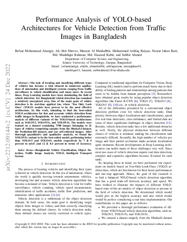 Pdf Performance Analysis Of Yolo Based Architectures For Vehicle Detection From Traffic Images